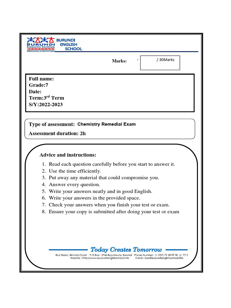 Chemistry Remedial Exam Grade 7 2022-2023 | PDF | Chemical Compounds ...