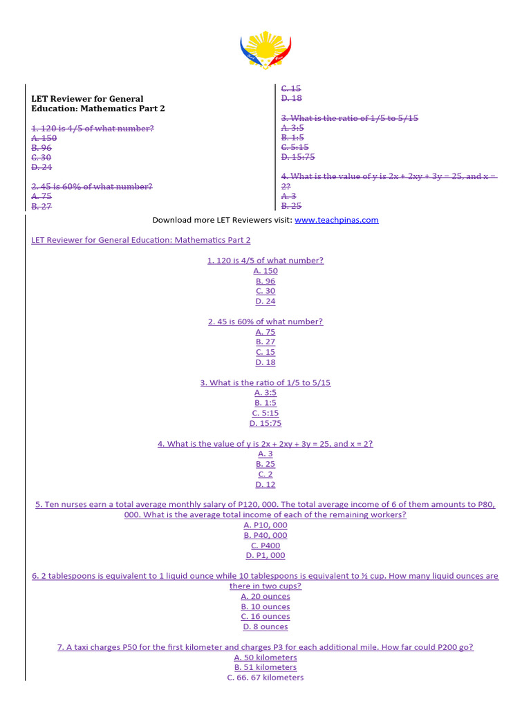 LET Reviewer For General Education: Mathematics Part 2: Download More ...