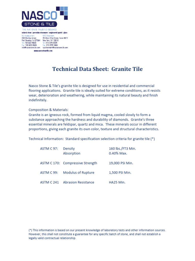Technical Data Sheet Granite Tile | PDF