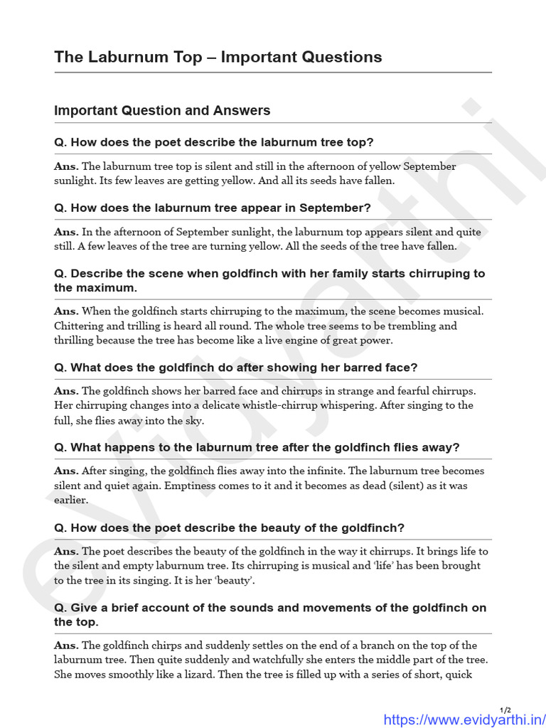 Laburnum Top: Key Questions & Answers | PDF | Poetry