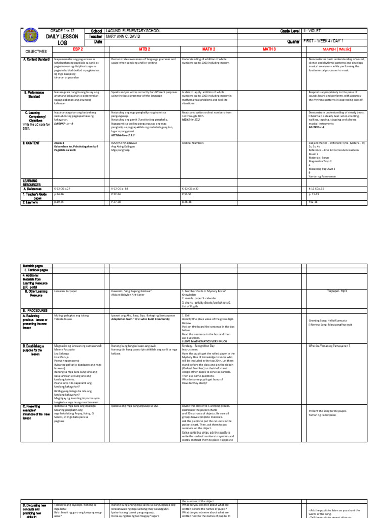 G2 DLL Q1 Week 4 All Subjects Day 2 | PDF