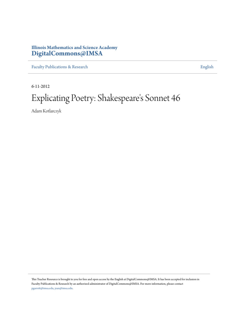 Explicating Poetry - Shakespeares Sonnet 46 | PDF | Poetry | Love
