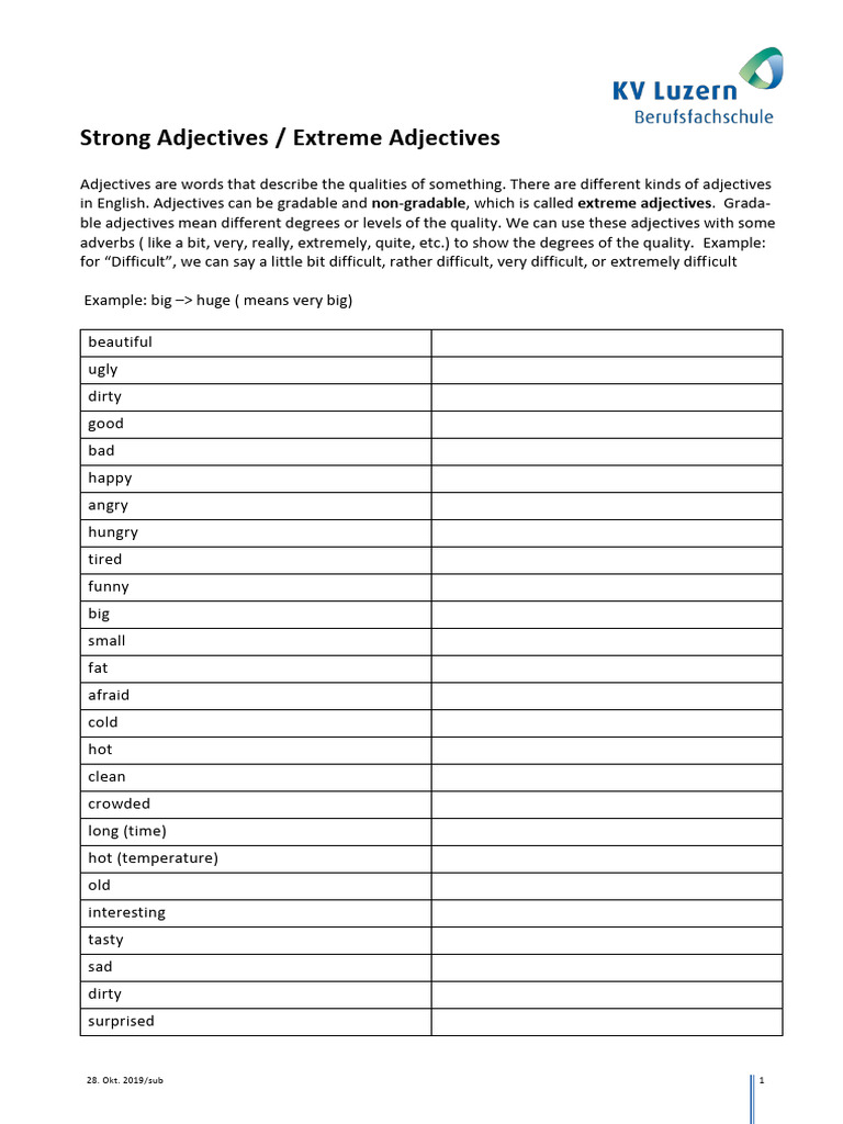 Exercise Strong Adjectives | PDF | Adjective | Language Mechanics
