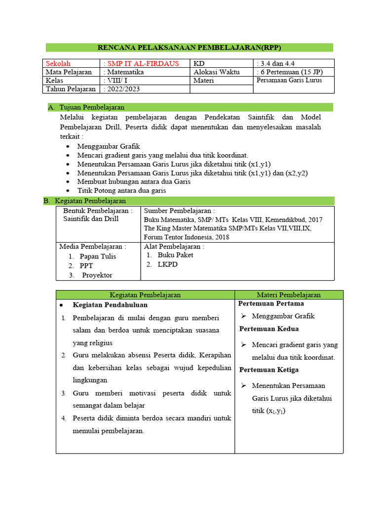 RPP Ganjil KD 4 Persamaan Garis Lurus | PDF