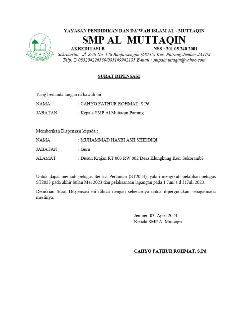 CONTOH SURAT DISPENSASI | PDF