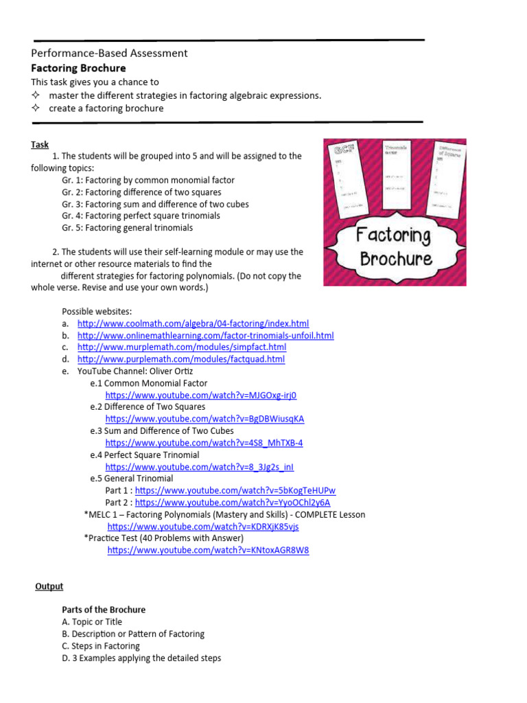 Factoring Algebra Brochure Guide | PDF | Factorization | Polynomial