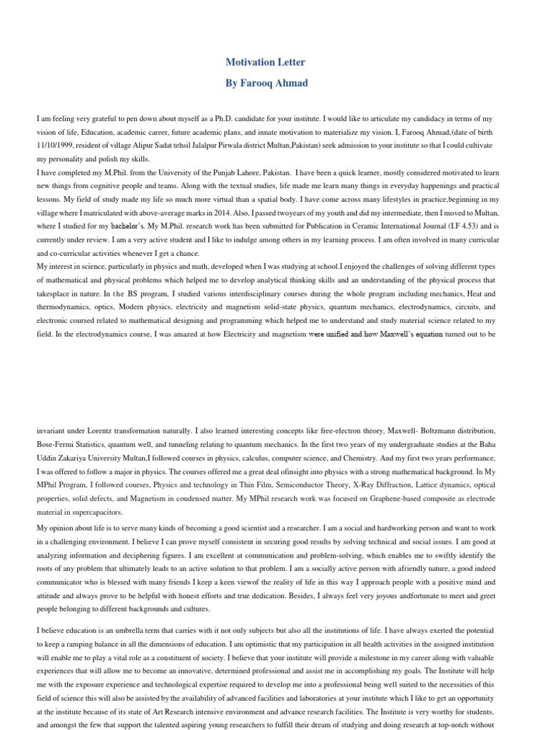 Motivation Letter by Farooq Ahmad | PDF | Physics | Electromagnetism