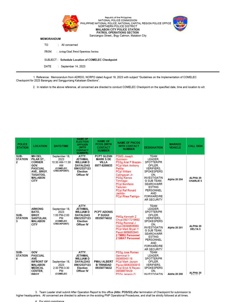 Ss6 Comelec Checkpoint Schedule September 18-24, 2023 | PDF | Law Enforcement | Crime & Violence