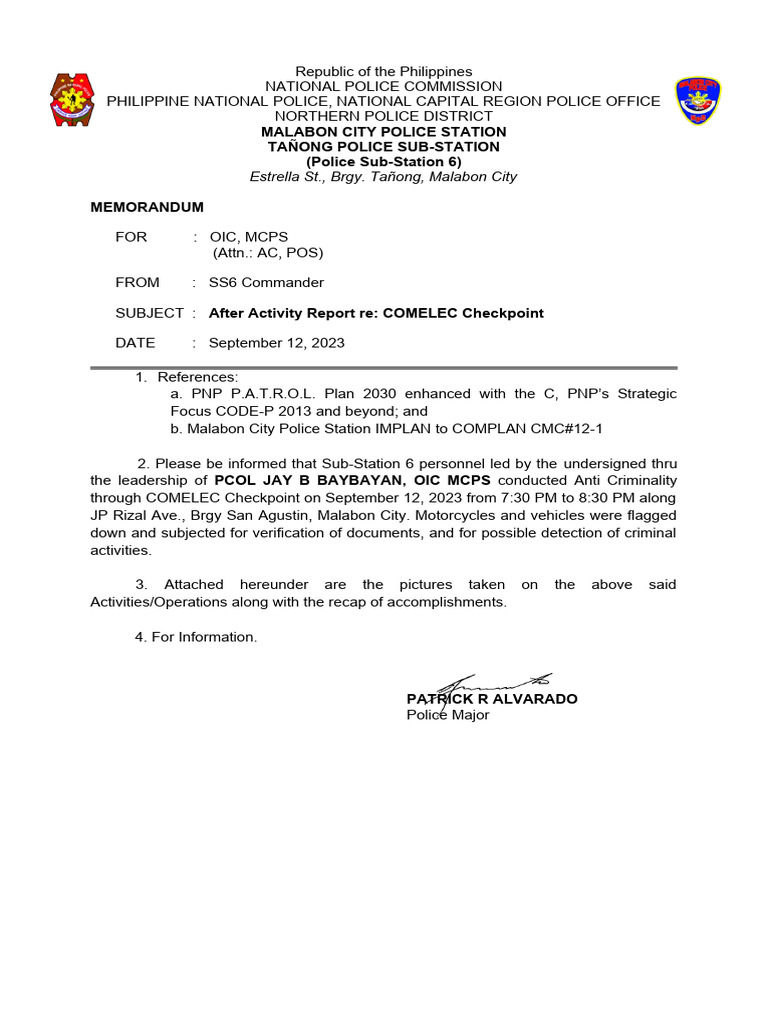 COMELEC Checkpoint Report - Malabon City | PDF | Philippines | Law ...