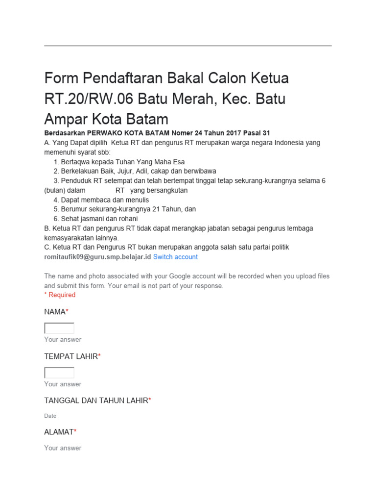 Form Pendaftaran Bakal Calon Ketua RT | PDF