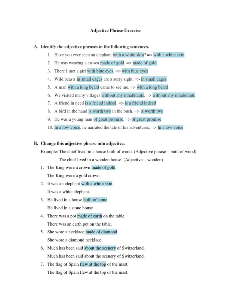 Adjective Phrase Exercise | PDF