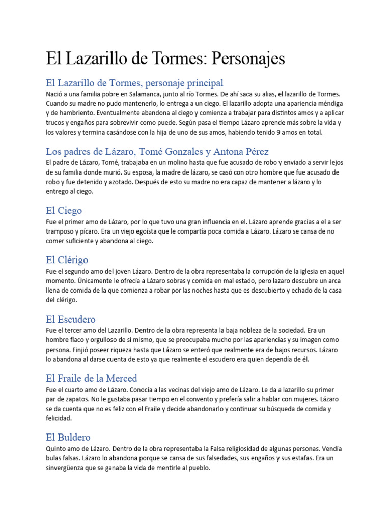 Personajes de El Lazarillo de Tormes | PDF