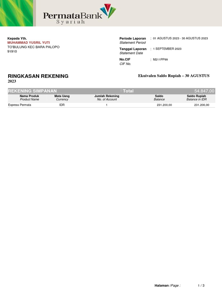 E-Statement Agustus 2023 Permata | PDF