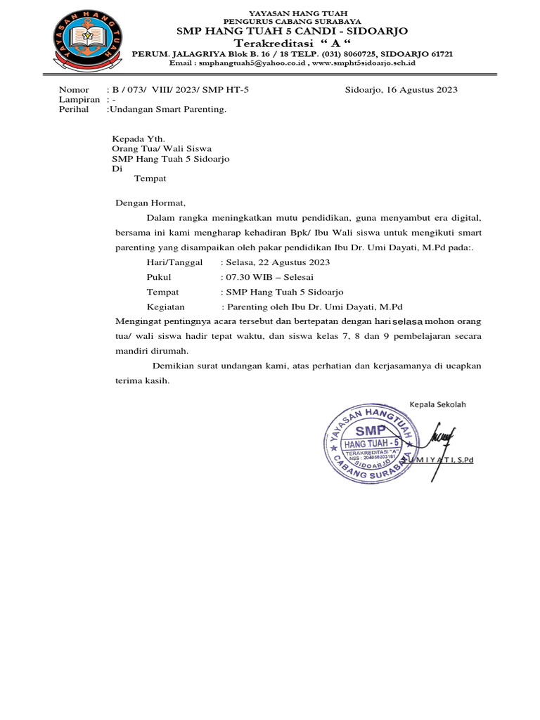 Undangan Smart Parenting SMP Hang Tuah 5 | PDF