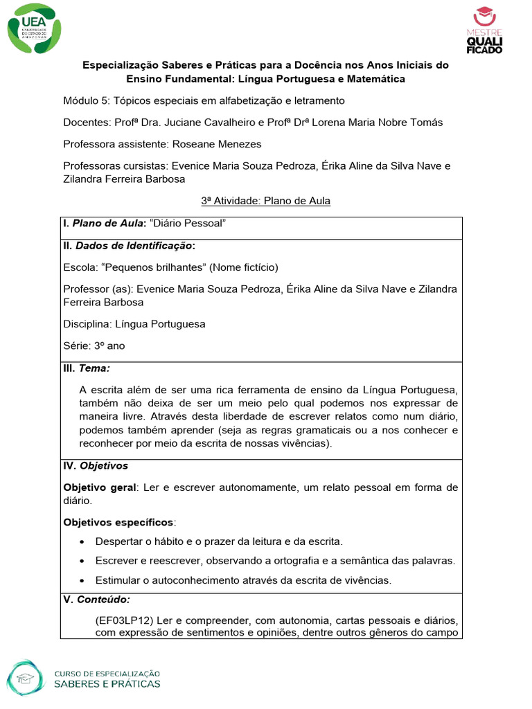 Atividade Plano de Aula Diário | PDF | Alfabetização | Comunicação humana