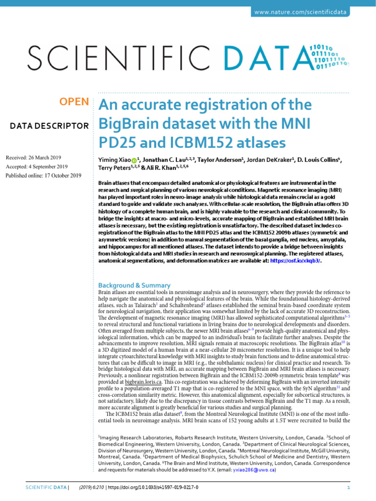 An Accurate Registration of BigBrain Dataset With The MNI PD25 and The ICBM152 Atlases | PDF ...