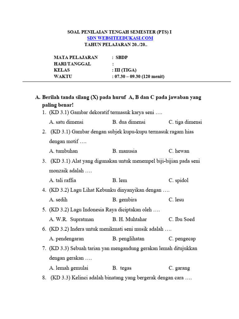 Soal PTS SBDP Kelas 3 | PDF