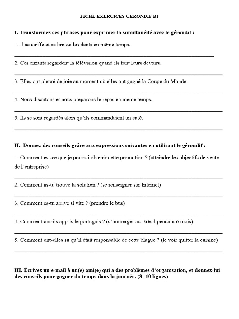 Fiche Exercices Gerondif B1 | PDF | Arts du langage et discipline