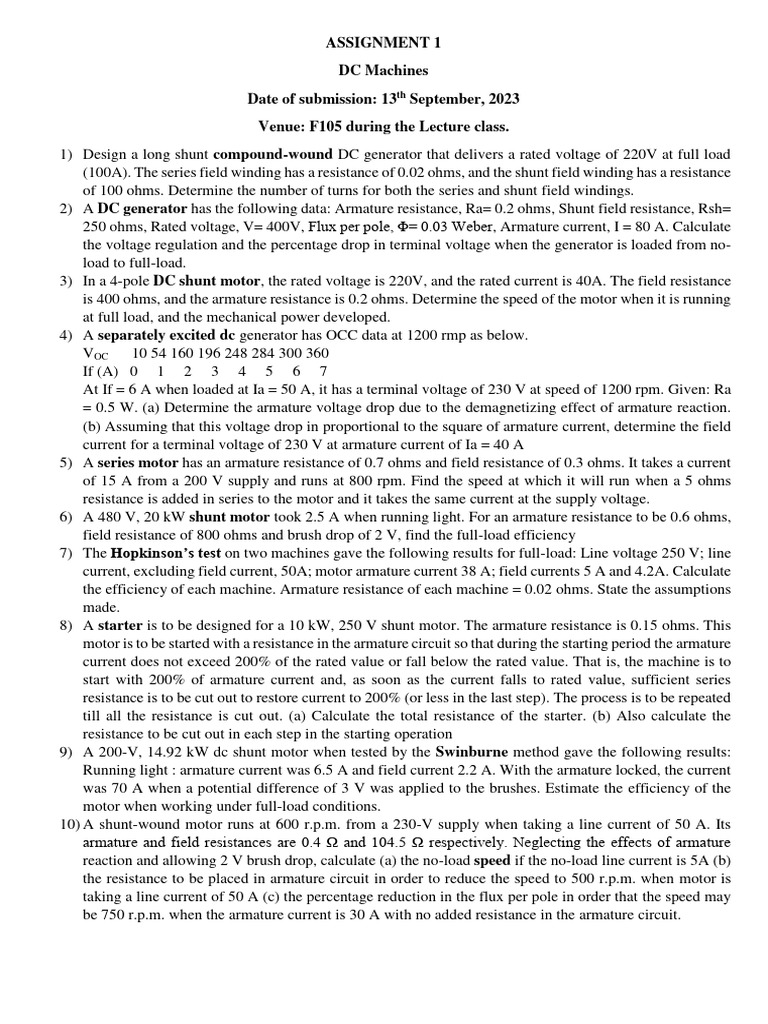 Assignment 1 Question On DC Machines | PDF