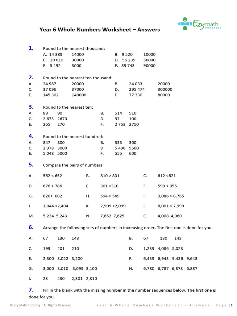 Year 6 Whole Numbers Worksheet - ANSWERS | PDF