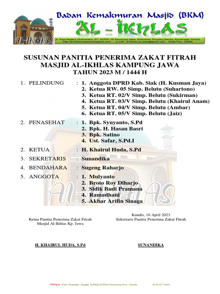 Susunan Panitia Penerima Zakat Fitrah 2023 | PDF