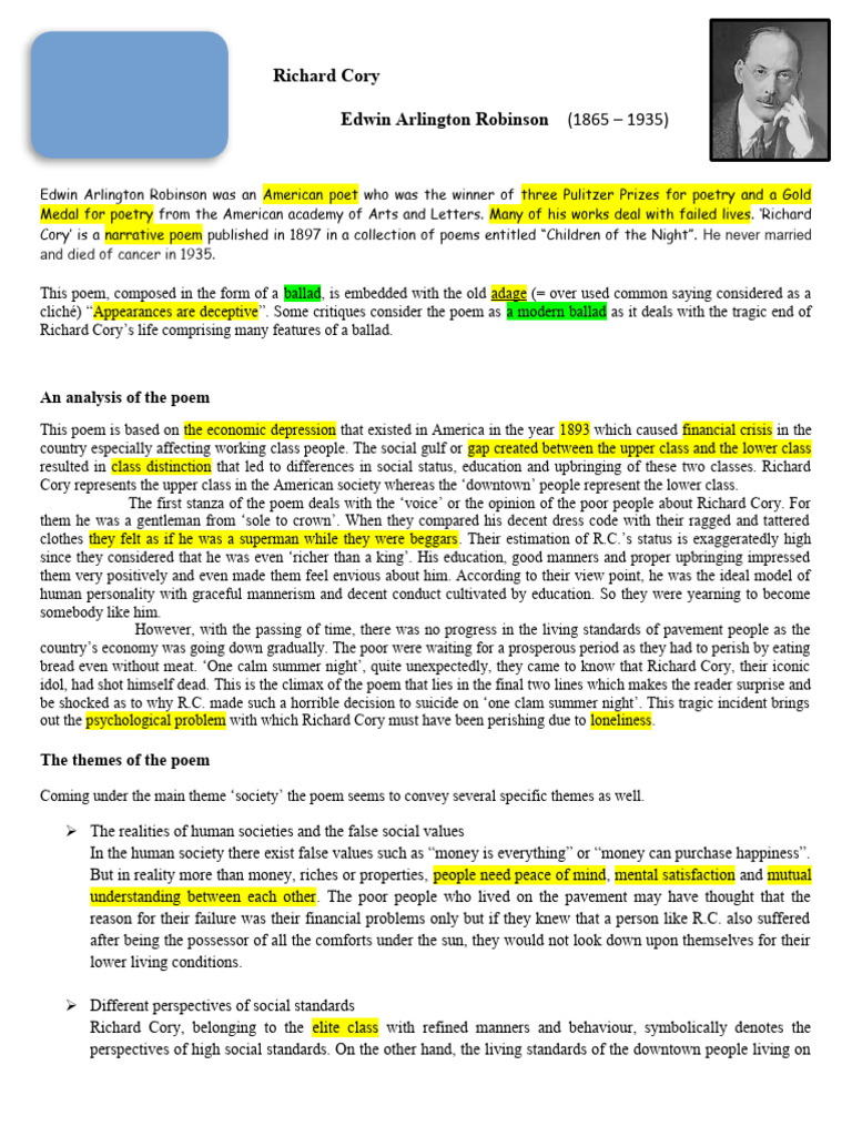 Analysis Of The Poem Richard Cory By Edwin Arlington Robinson Sale ...