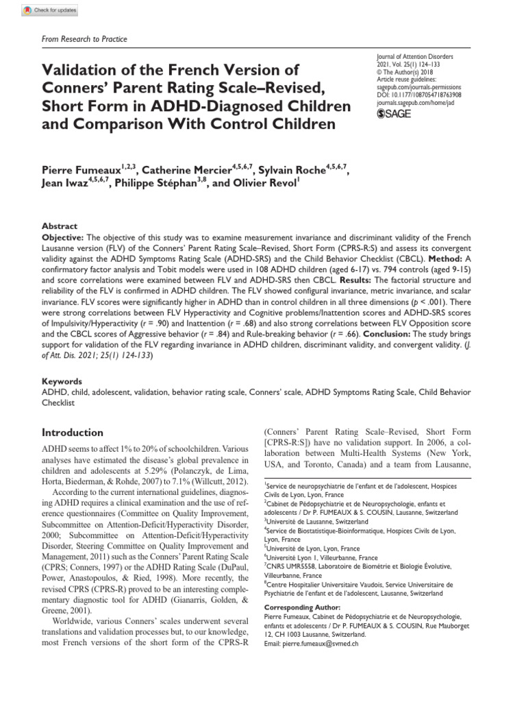 Fumeaux Et Al 2018 Validation of The French Version of Conners Parent Rating Scale Revised Short ...