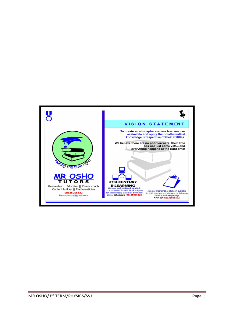 1ST Term S1 Physics | PDF | Force | Velocity