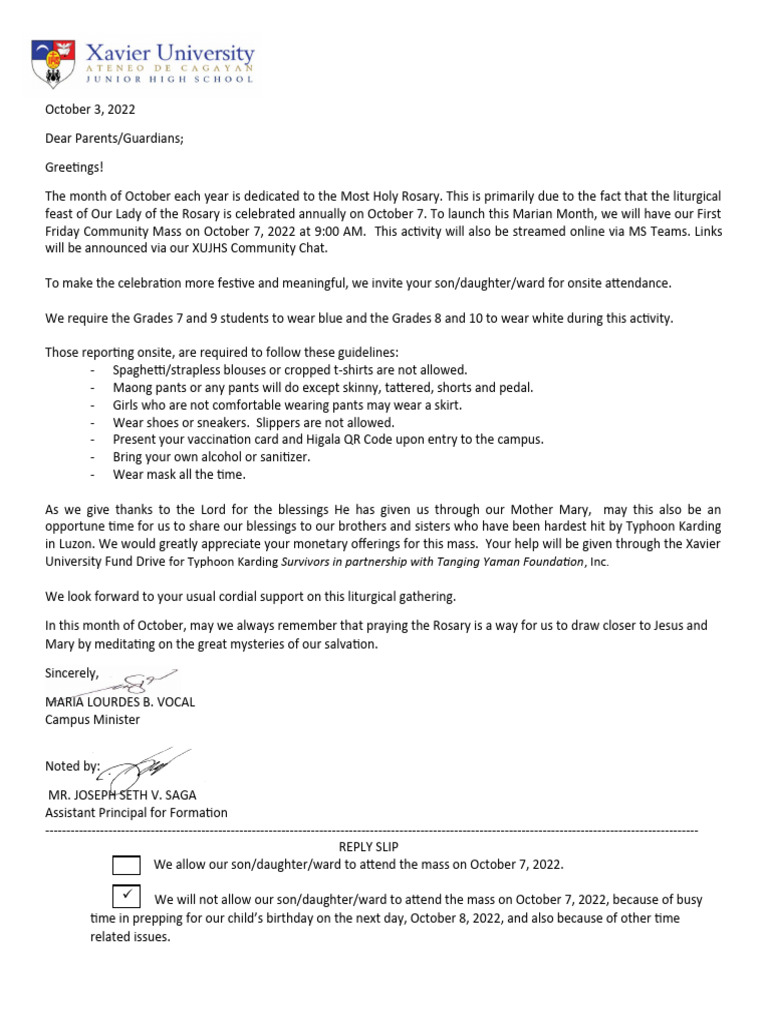 Parents' Permission Letter For Mass Andaloc | PDF | Mary, Mother Of ...