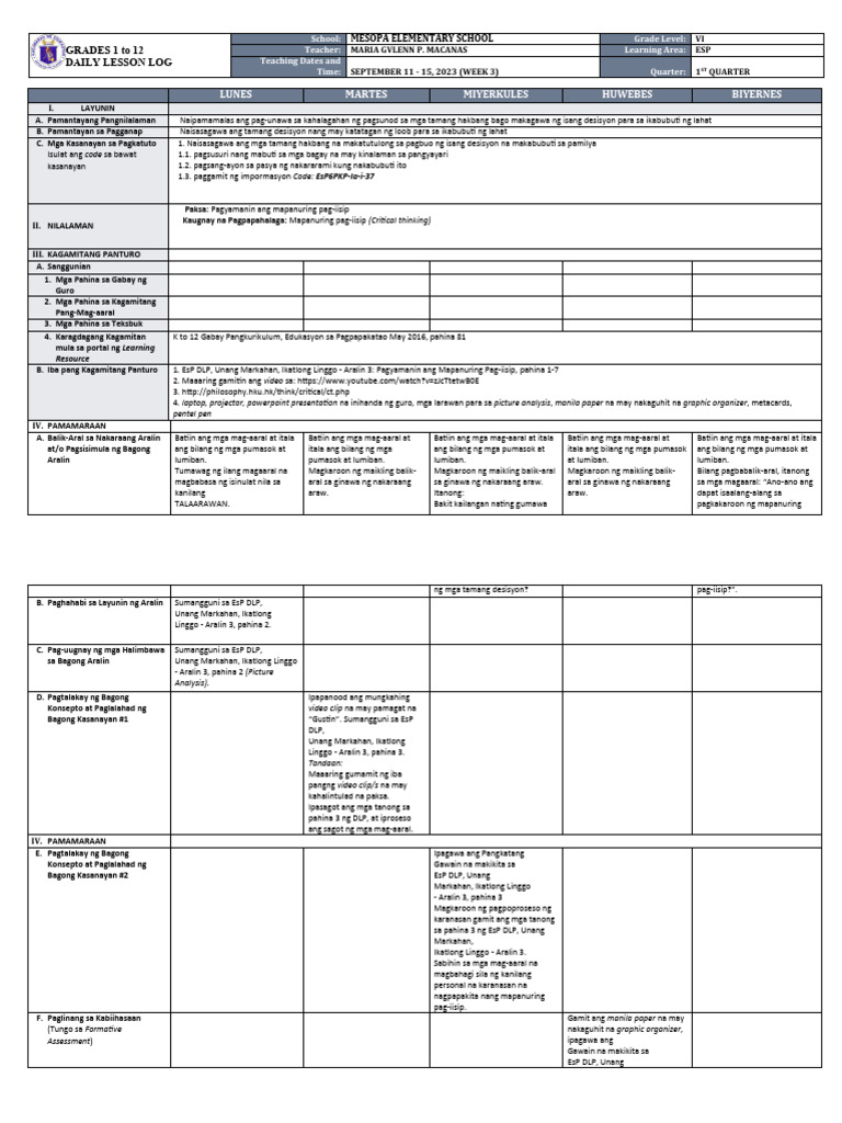DLL - Edukasyon Sa Pagpapakatao 6 - Q1 - W3 | PDF