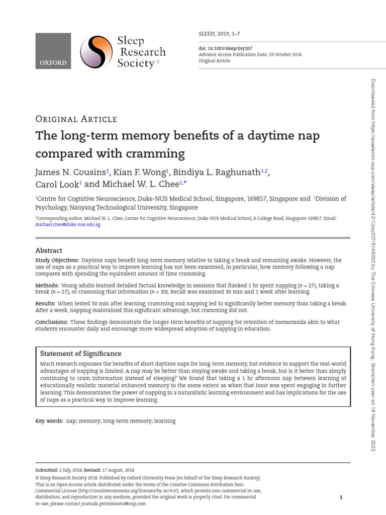 The Long-Term Memory Benefits of A Daytime Nap Compared With Cramming | PDF | Sleep | Memory