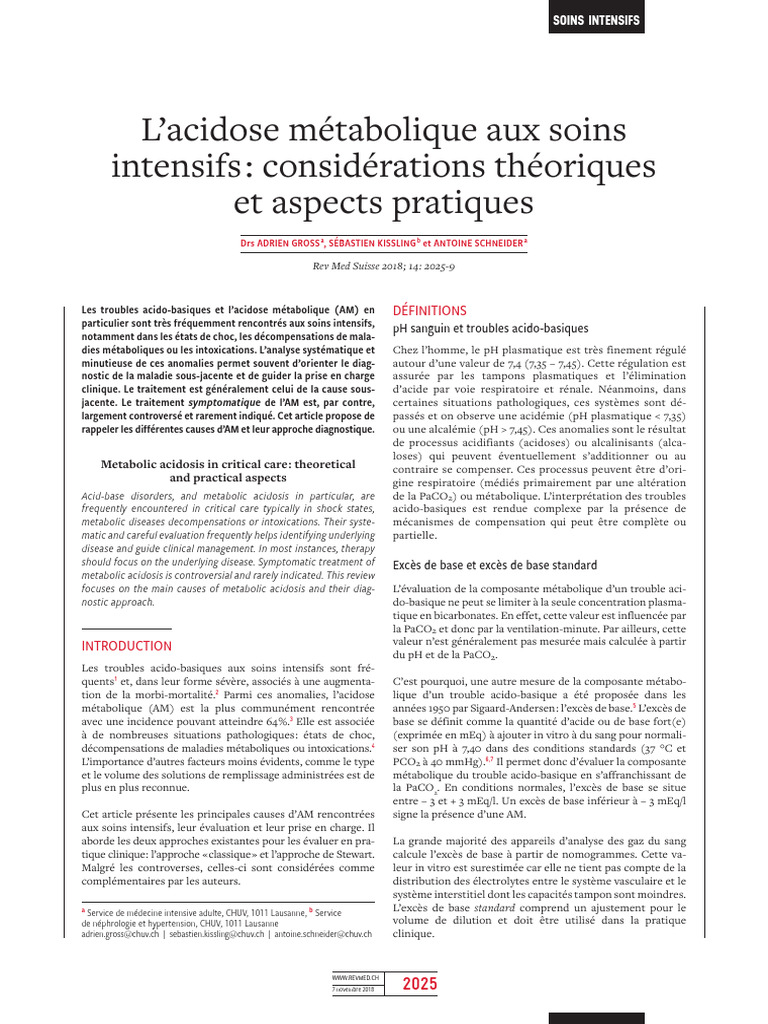 Acidose métabolique en soins intensifs | PDF | Biochimie | Chimie