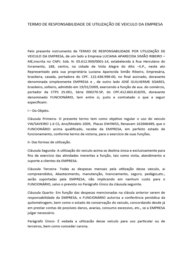 Termo De Responsabilidade De Utilização De Veiculo Da Empresa Pdf