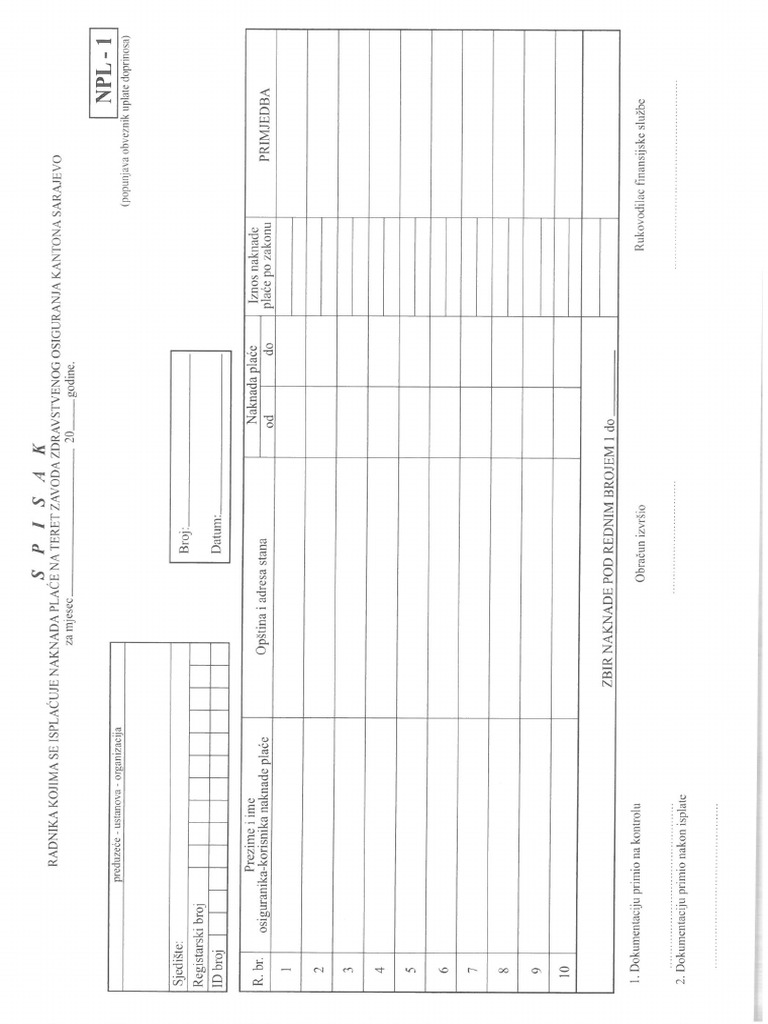 Obrazac NPL 1 Spisak Radnika Kojima Se Isplacuje Naknada Place Na Teret ZZO KS | PDF