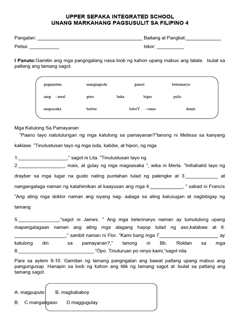 Summative Test Filipino 4 Quarter 1 | PDF