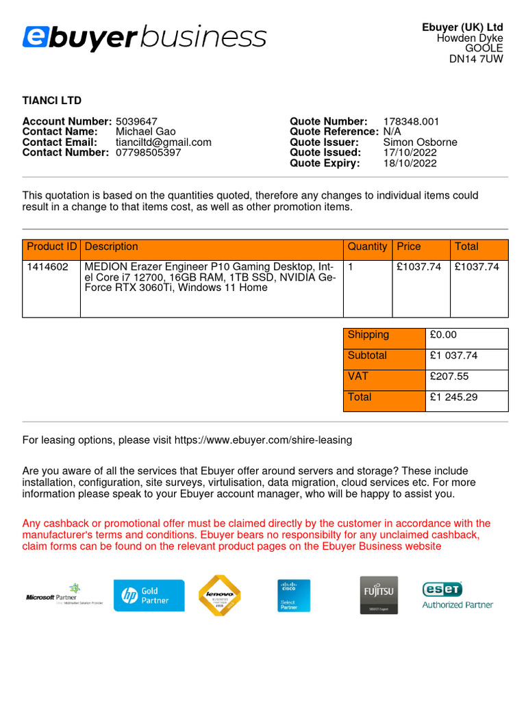 Ebuyer Business Quotation | PDF