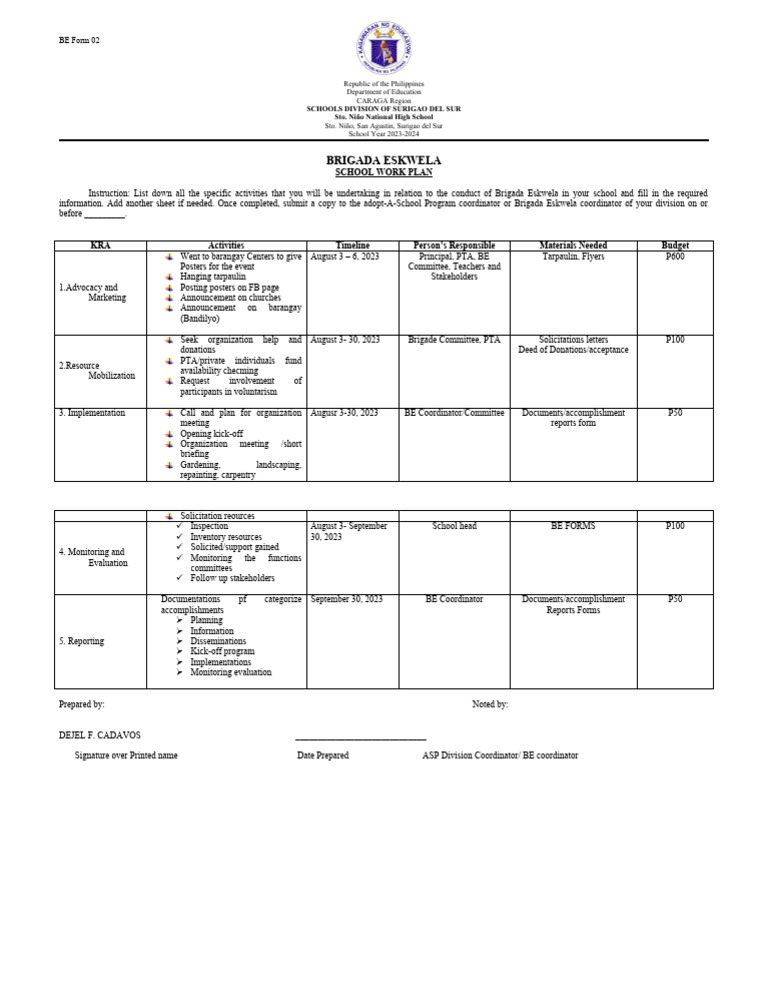 BE Form 2 SCHOOL WORK PLAN | PDF