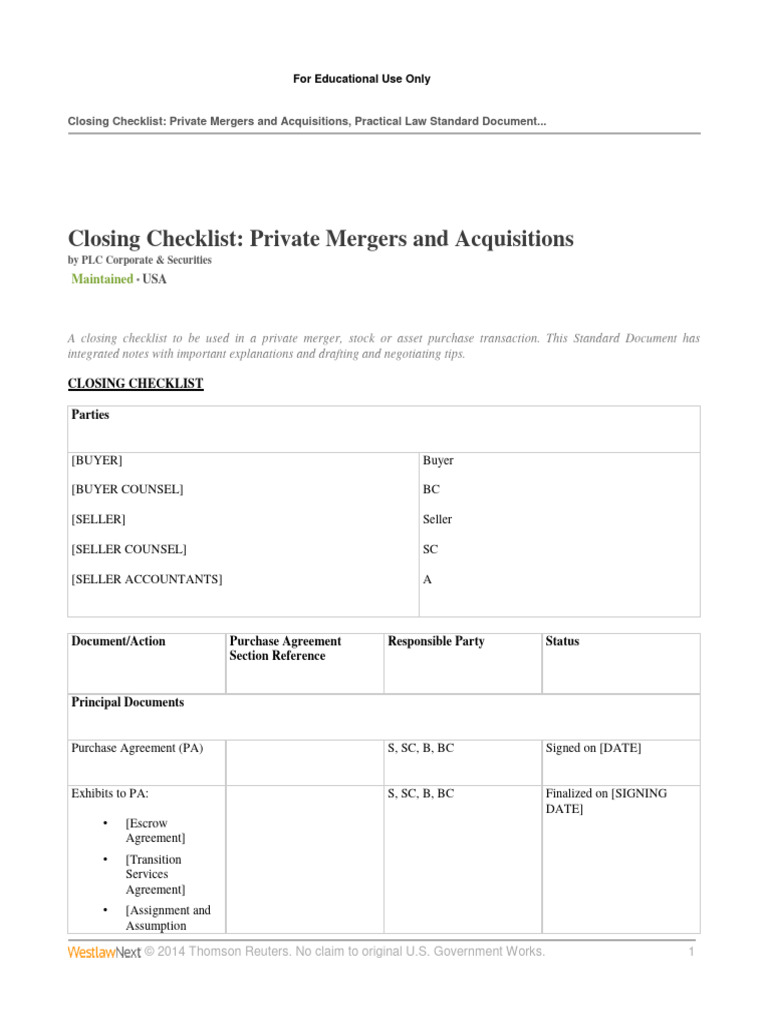 Sample Closing Checklist Private M and A | PDF | Mergers And ...