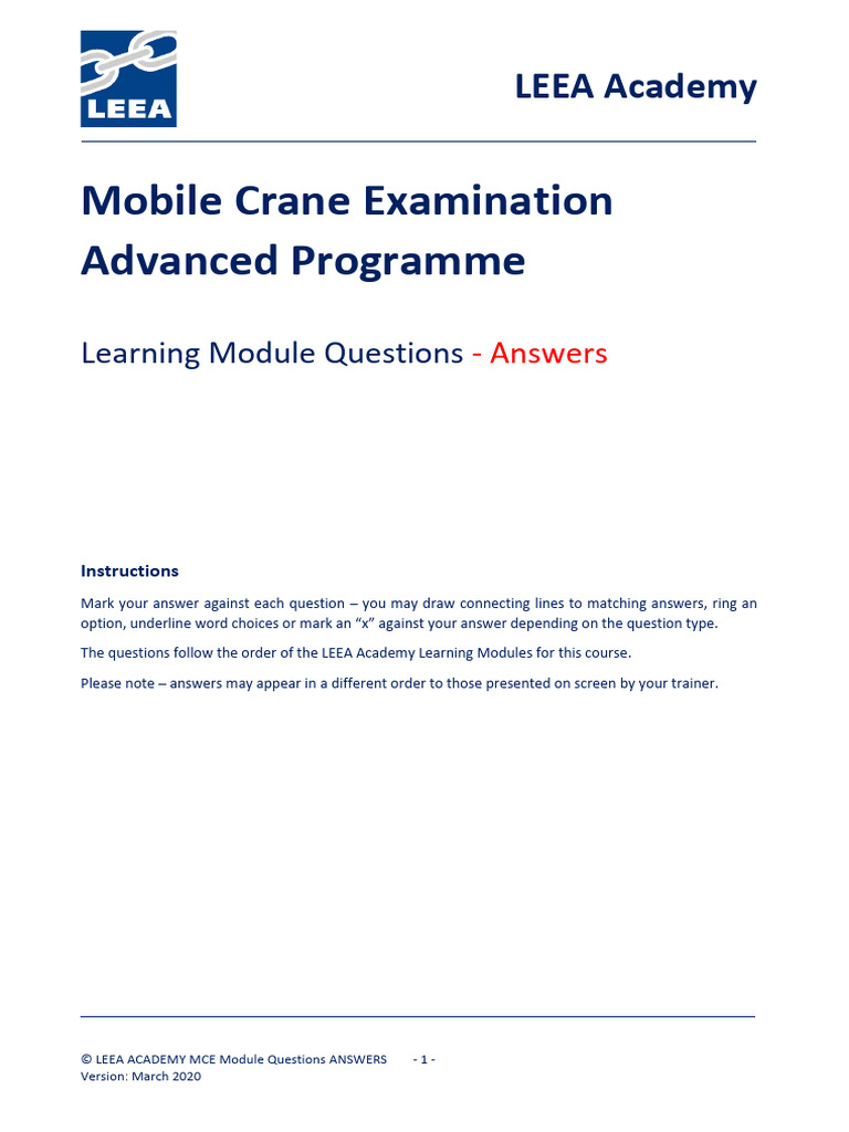 LEEA Academy MCE Module Quiz Paper - ANSWERS Mar20 | PDF | Crane ...