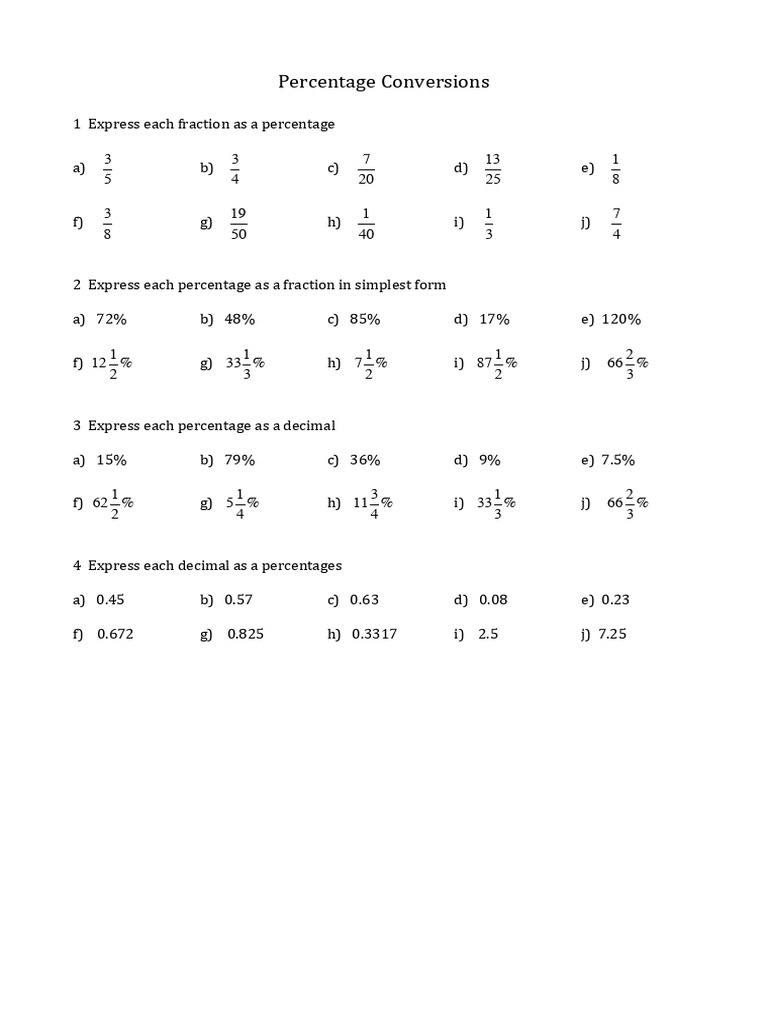 1 Percentage Conversions | PDF | Division (Mathematics) | Naming ...