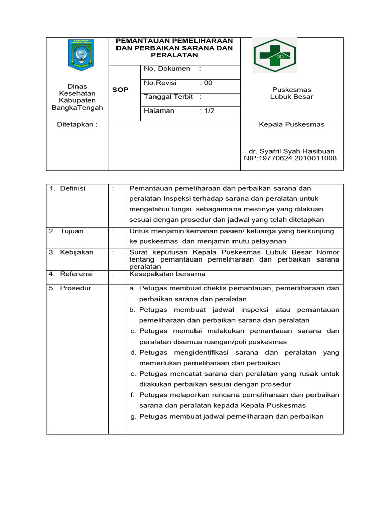 Sop Pemantauan Pemeliharaan Dan Perbaikan Sarana Dan Peralatan | PDF