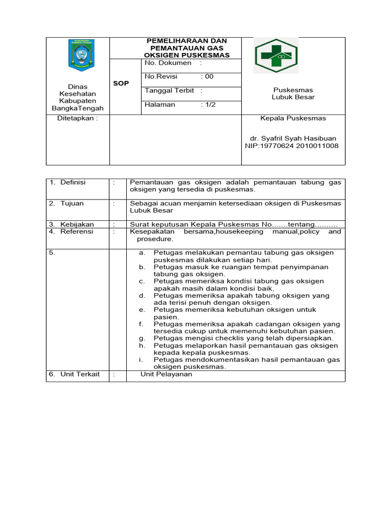 Sop Pemeliharaan Dan Pemantauan Gas Oksigen | PDF