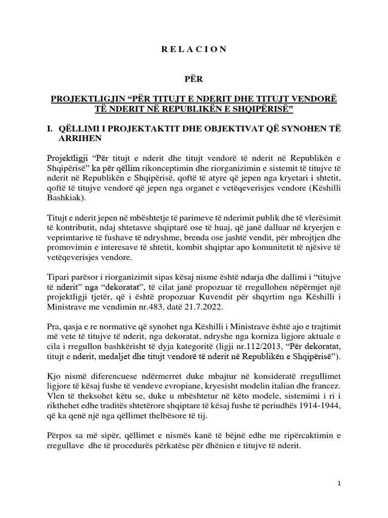 Relacioni Mbi Motivet e Ndryshimit Te Ligji Mbi Titujt Dhe Dekoratat | PDF