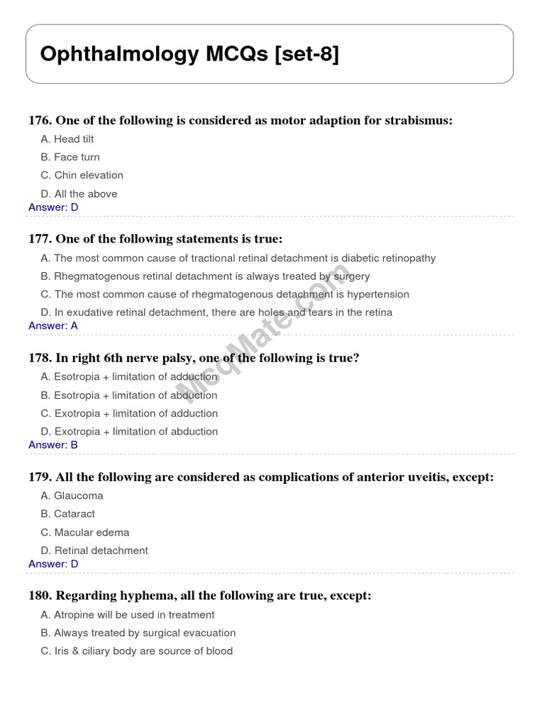Ophthalmology Set 8 | PDF | Glaucoma | Visual System