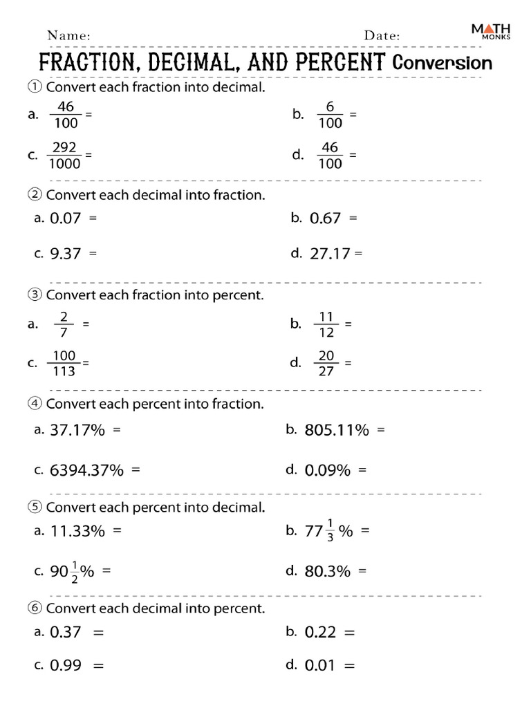 6th Grade Fractions Decimals and Percents Worksheets | PDF