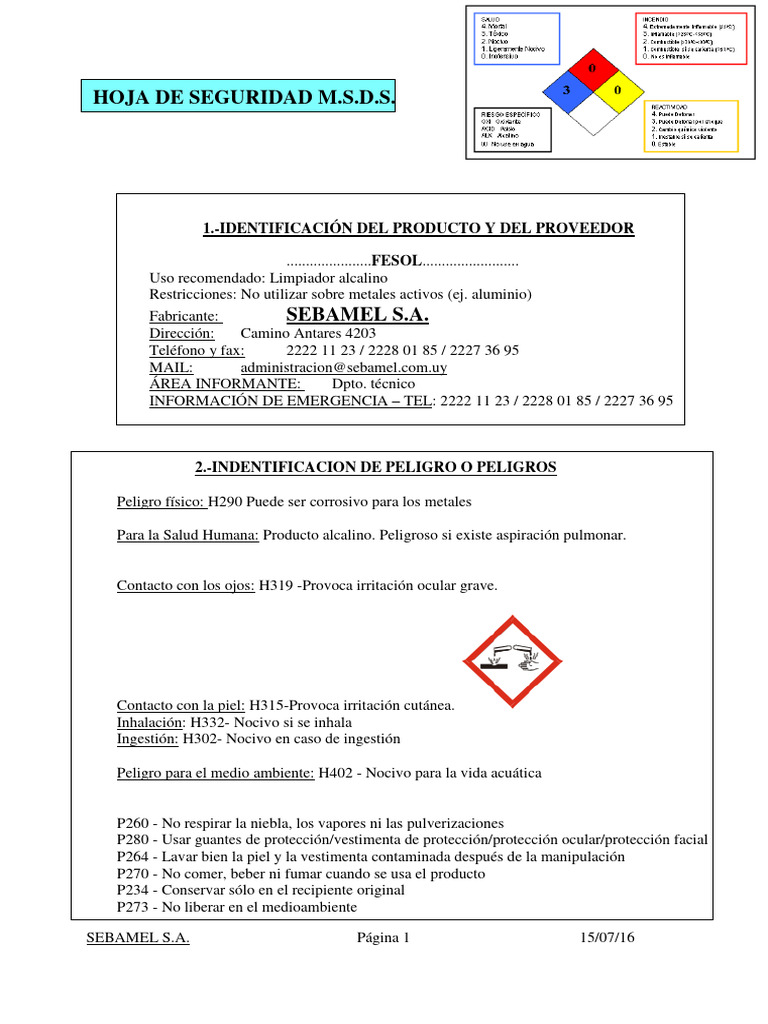Hoja de Seguridad FESOL SEBAMEL S.A. | PDF | Agua | Descomposición