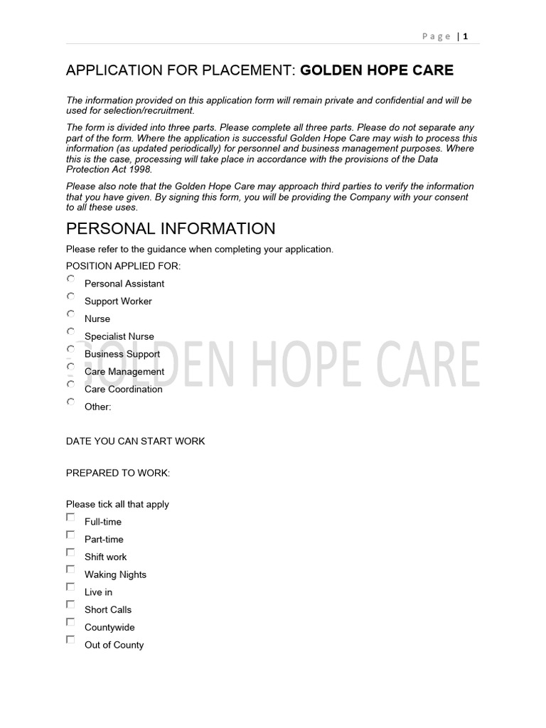 Golden Hope Care Application Form | PDF | Information | Nursing