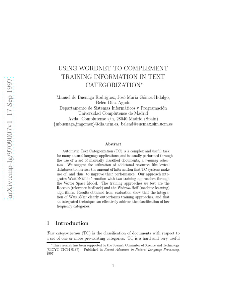 Using Wordnet To Complement Training Information in Text Categorization | PDF | Balance Of ...