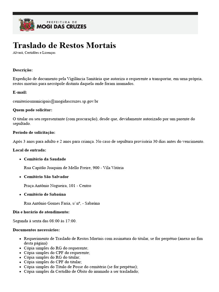 Traslado de Restos Mortais | PDF