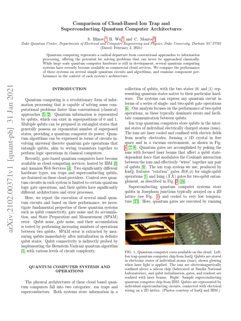 Comparison of Cloud-Based Ion Trap and Superconducting Quantum Computer Architectures | PDF ...